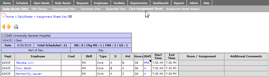 Printing Daily Roster Care Assignment Sheet